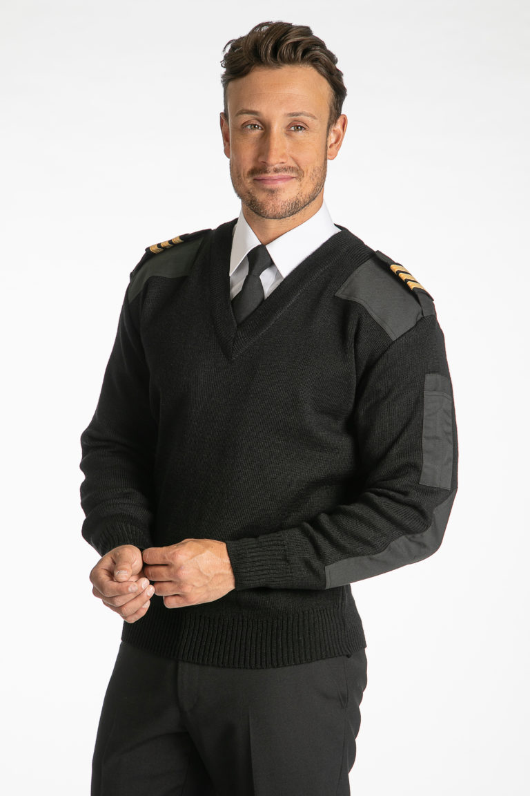 Black Pilot Uniform Military Style Sweater With Shoulder/Elbow P ...